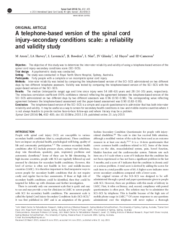 (PDF) A telephone-based version of the spinal cord injury-secondary ...