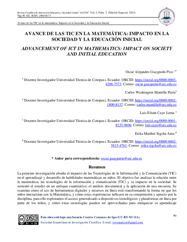 (PDF) Avance de las TIC en la matemática: impacto en la Sociedad y la Educación Inicial