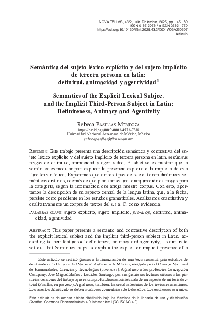 (PDF) Pasillas Mendoza, Rebeca. (2025). Semántica del sujeto léxico explícito y del sujeto ...
