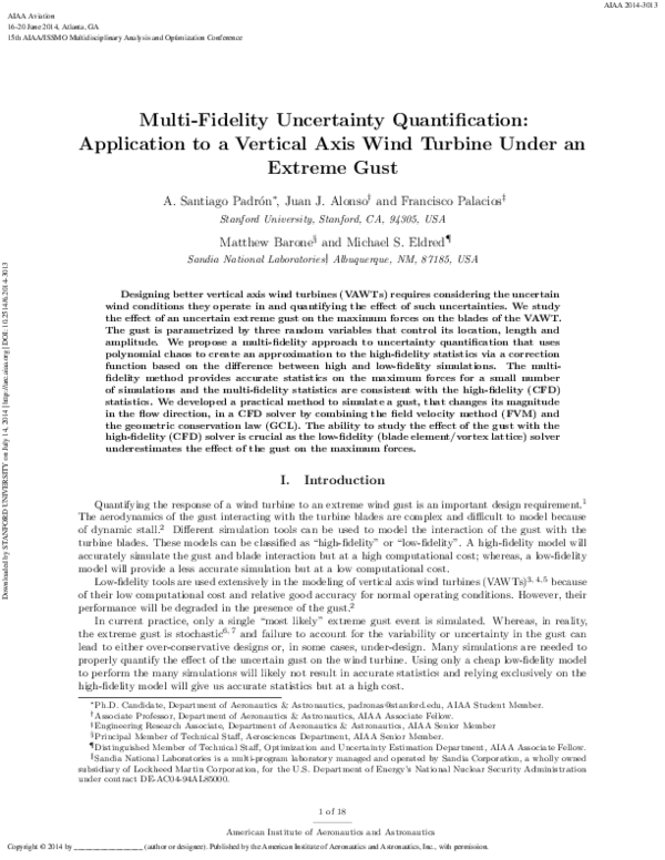 (PDF) Multi-Fidelity Uncertainty Quantification: Application to a Vertical Axis Wind Turbine ...