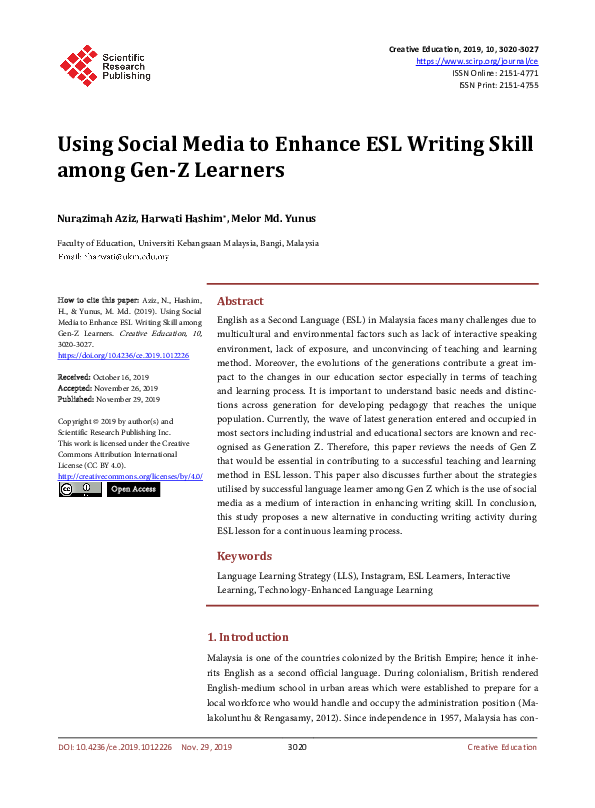 (PDF) Using Social Media to Enhance ESL Writing Skill among Gen-Z Learners