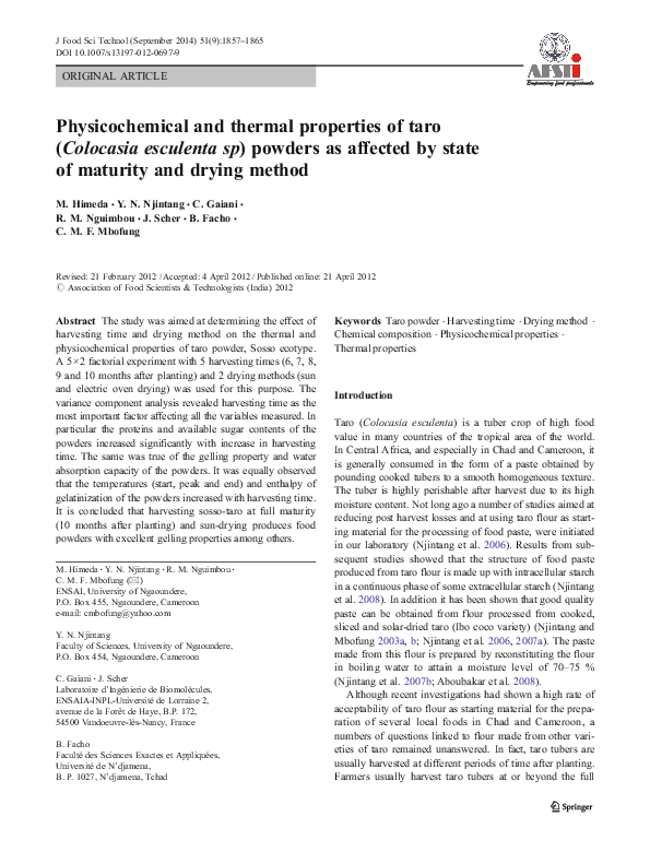 (PDF) Physicochemical and thermal properties of taro (Colocasia esculenta sp) powders as ...