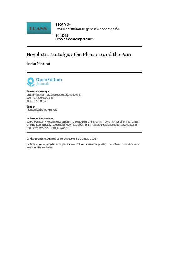 (PDF) Novelistic Nostalgia: The Pleasure and the Pain