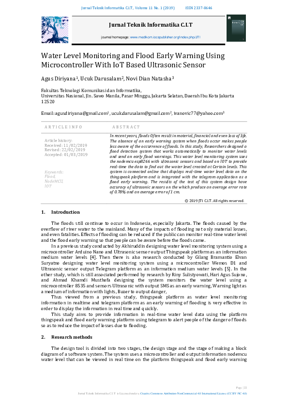 Pdf Water Level Monitoring And Flood Early Warning Using Microcontroller With Iot Based