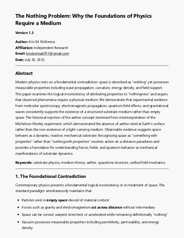 (PDF) The Nothing Problem: Why the Foundations of Physics Require a Medium