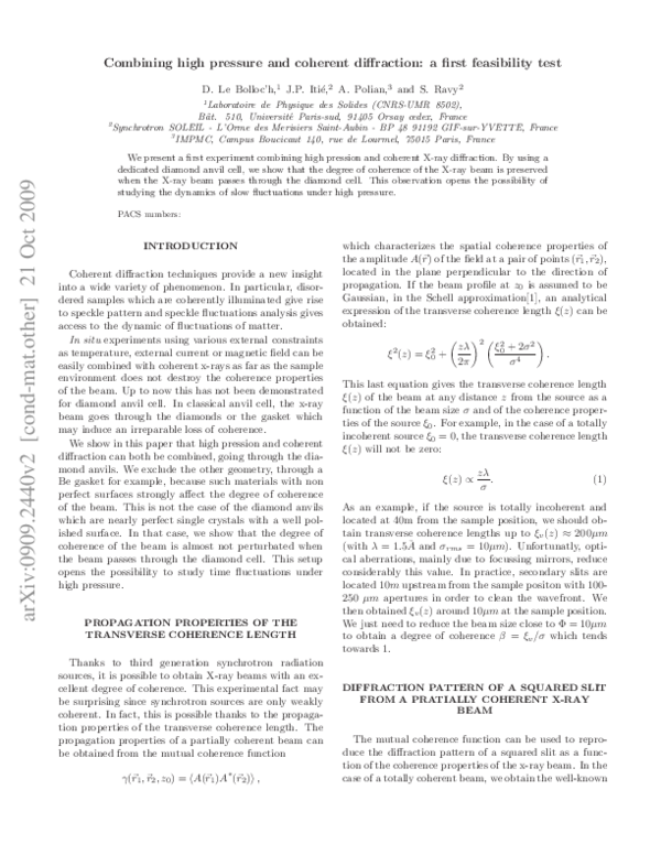 (PDF) Combining high pressure and coherent diffraction: a first ...