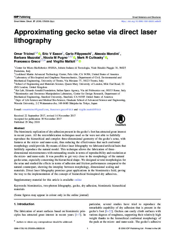 (PDF) Approximating gecko setae via direct laser lithography