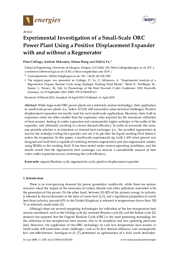 (PDF) Experimental Investigation of a Small-Scale ORC Power Plant Using ...