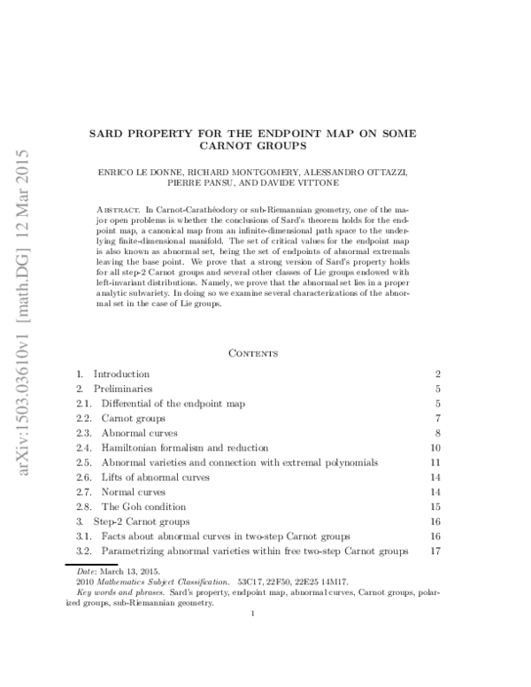 (PDF) Sard property for the endpoint map on some Carnot groups
