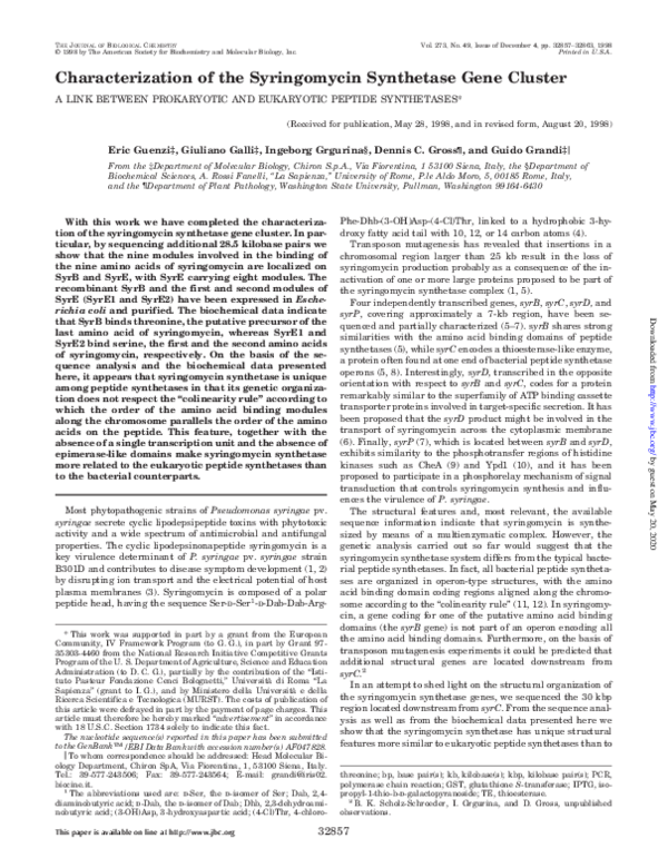(PDF) Characterization of the Syringomycin Synthetase Gene Cluster