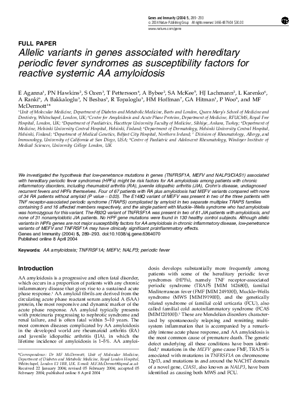 (PDF) Allelic variants in genes associated with hereditary periodic ...