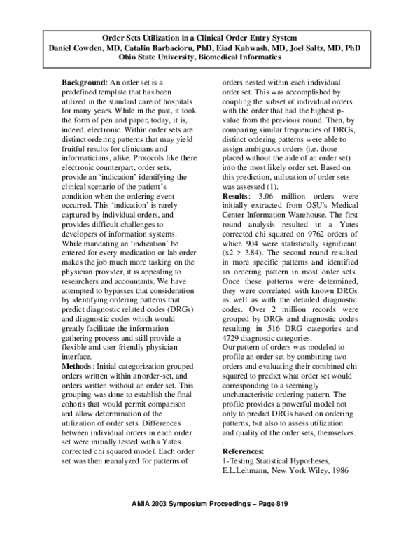 (PDF) Order sets utilization in a clinical order entry system