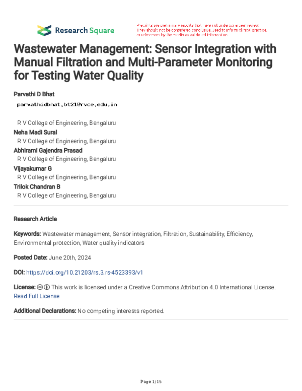 (PDF) Wastewater Management: Sensor Integration with Manual Filtration ...