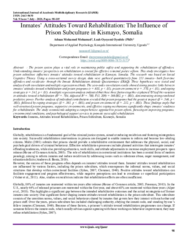 (PDF) Inmates' Attitudes Toward Rehabilitation: The Influence of Prison ...