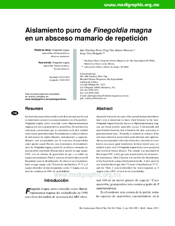 (PDF) Aislamiento puro de Finegoldia magna en un absceso mamario de ...