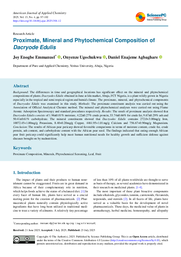 (PDF) Proximate, Mineral and Phytochemical Composition of Dacryode Edulis