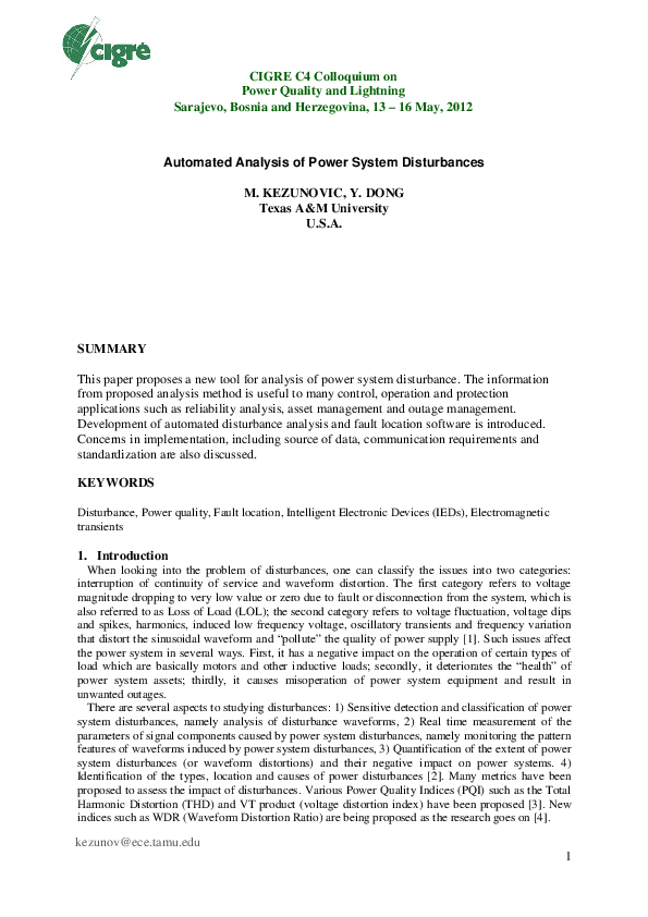 (PDF) Automated Analysis of Power System Disturbances