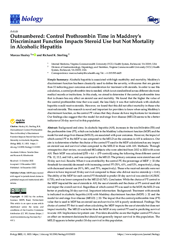 (PDF) Outnumbered: Control Prothrombin Time in Maddrey’s Discriminant ...
