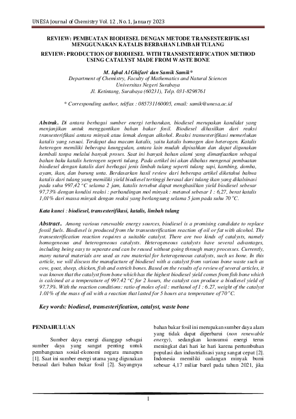 (PDF) Review: Pembuatan Biodiesel Dengan Metode Transesterifikasi Menggunakan Katalis Berbahan ...