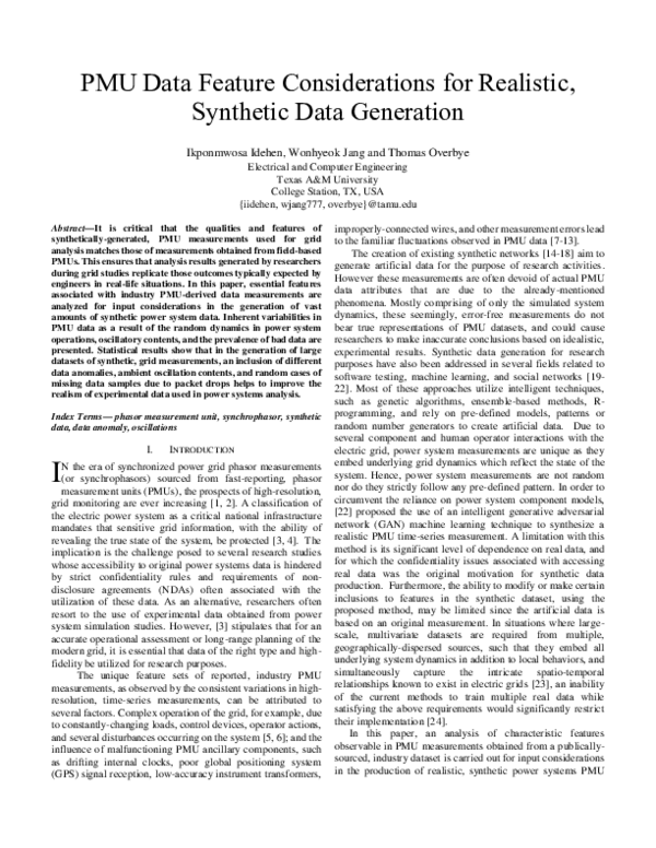 (PDF) PMU Data Feature Considerations for Realistic, Synthetic Data ...