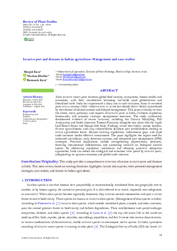 (PDF) Invasive pest and diseases in Indian agriculture: Management and case studies