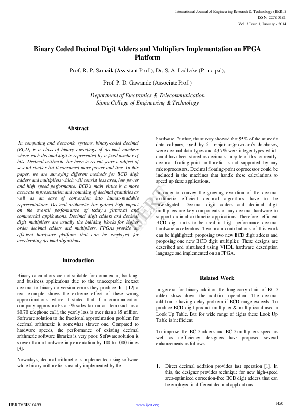 (PDF) Binary Coded Decimal Digit Adders and Multipliers Implementation ...