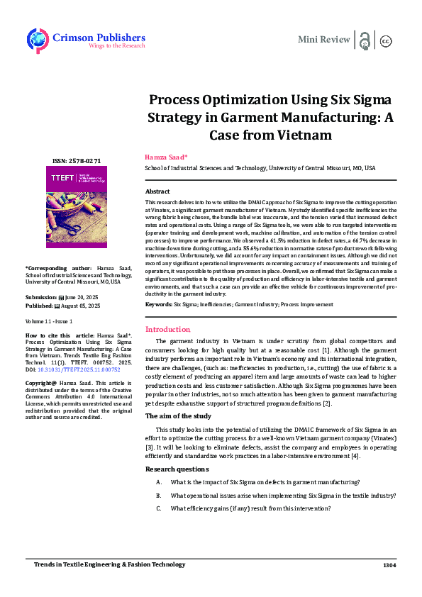 (PDF) Process Optimization Using Six Sigma Strategy in Garment Manufacturing: A Case from Vietnam