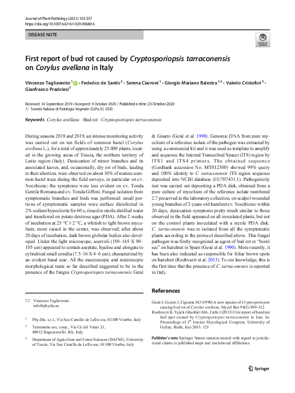 (PDF) First report of bud rot caused by Cryptosporiopsis tarraconensis ...