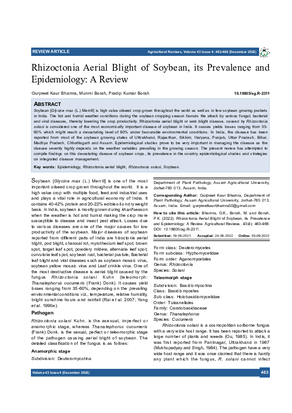 (PDF) Rhizoctonia Aerial Blight of Soybean, its Prevalence and ...
