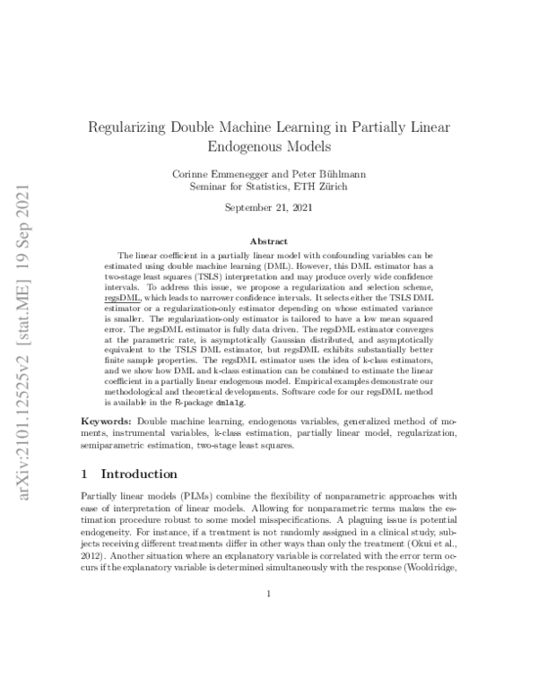 (PDF) Regularizing double machine learning in partially linear endogenous models