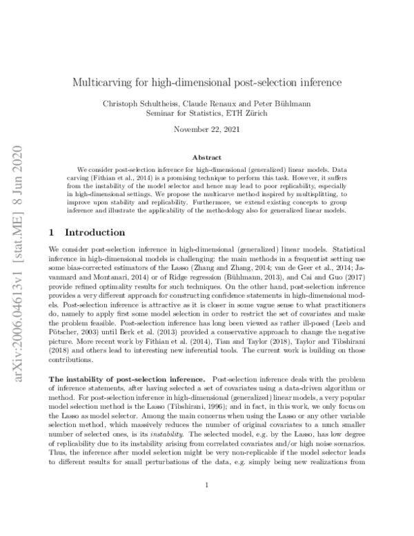 (PDF) Multicarving for high-dimensional post-selection inference