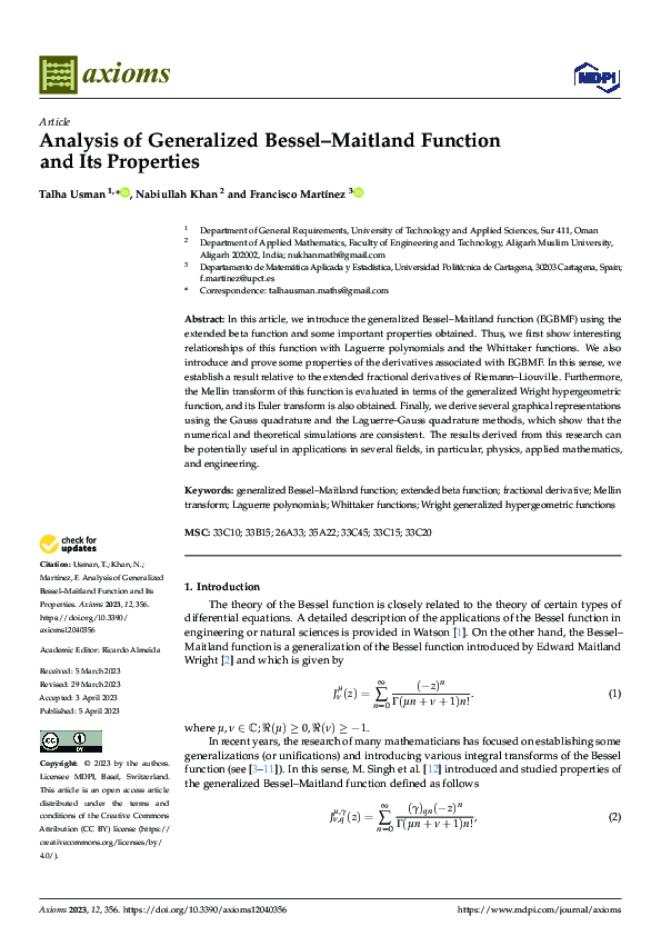 (PDF) Analysis of Generalized Bessel–Maitland Function and Its Properties