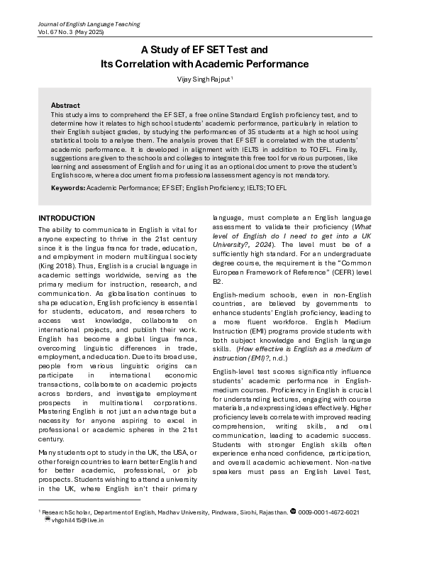 (PDF) A Study of EF SET Test and Its Correlation with Academic Performance