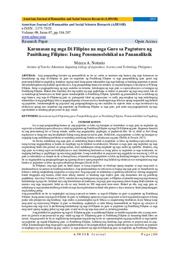 (PDF) Karanasan ng mga Di Filipino na mga Guro sa Pagtuturo ng Panitikang Filipino: Isang ...