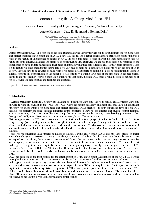 (PDF) Reconstructing the Aalborg Model for PBL: a case from the Faculty of Engineering and ...