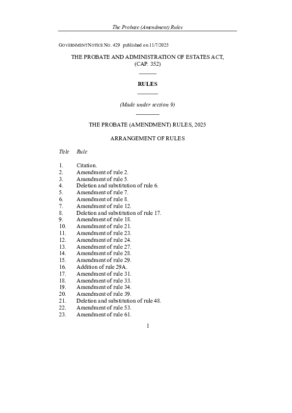 (PDF) THE PROBATE (AMENDMENT) RULES, 2025.