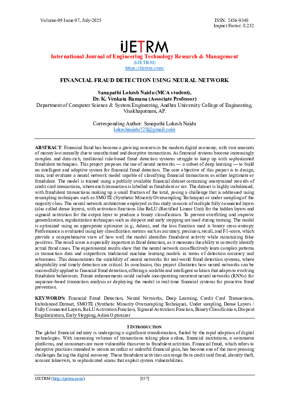 (PDF) FINANCIAL FRAUD DETECTION USING NEURAL NETWORK