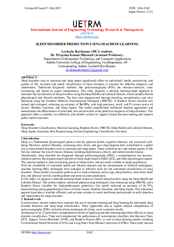(PDF) SLEEP DISORDER PREDICTION USING MACHINE LEARNING