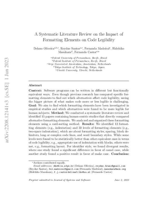 (PDF) A systematic literature review on the impact of formatting elements on code legibility