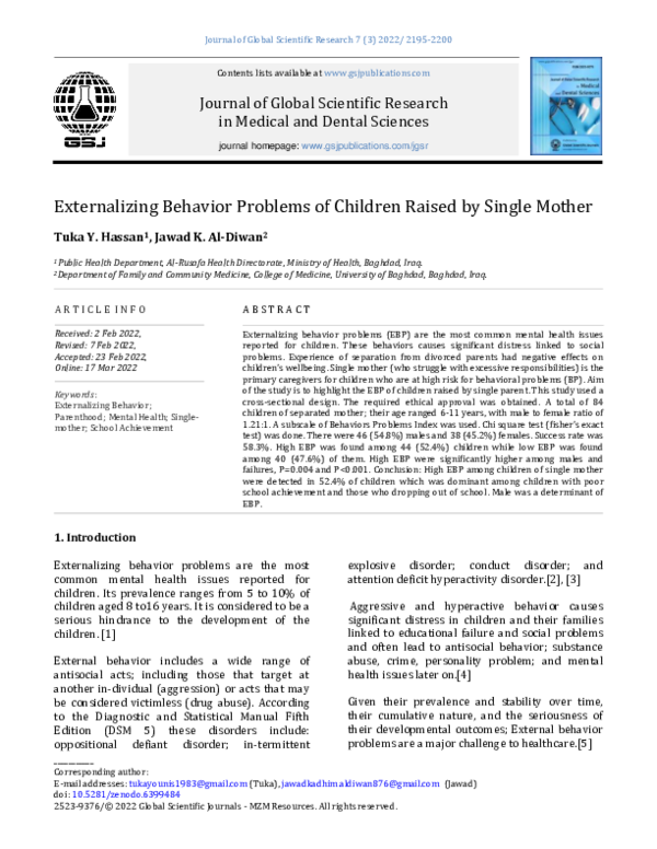 (PDF) Externalizing Behavior Problems of Children Raised by Single Mother