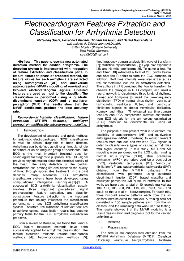 (PDF) Electrocardiogram Features Extraction and Classification for ...