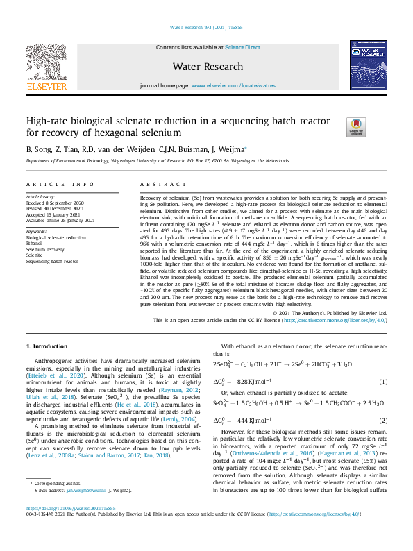 (PDF) High-rate biological selenate reduction in a sequencing batch ...