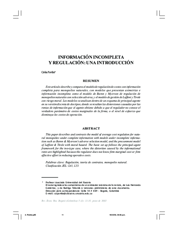 (PDF) Información incompleta y regulación: Una introducción