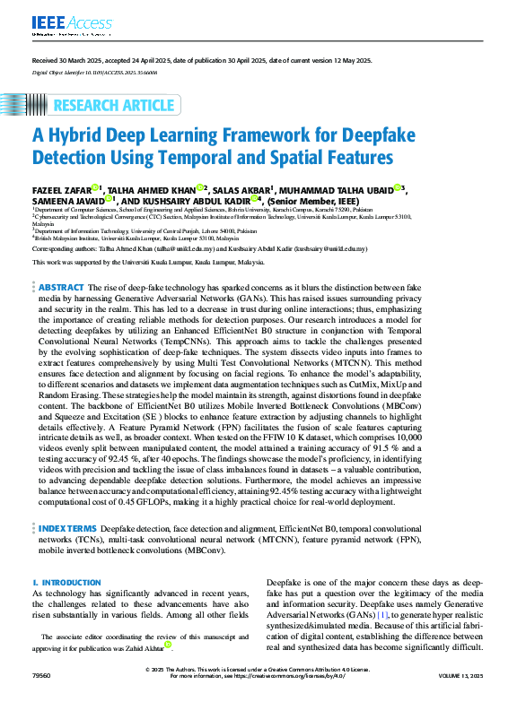 (PDF) A Hybrid Deep Learning Framework for Deepfake Detection Using Temporal and Spatial Features
