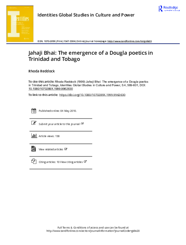 (PDF) Jahaji Bhai: The emergence of a Dougla poetics in Trinidad and Tobago