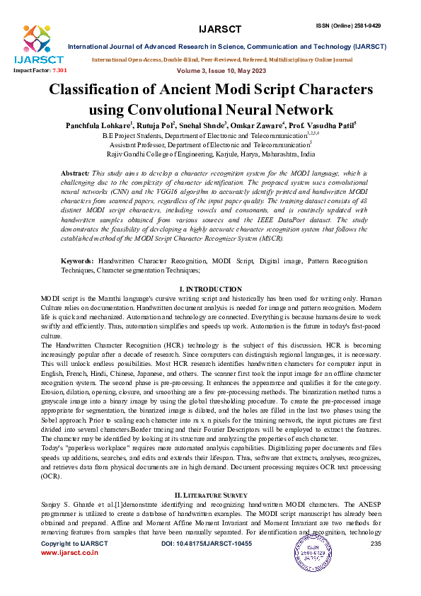 (PDF) Classification of Ancient Modi Script Characters using ...