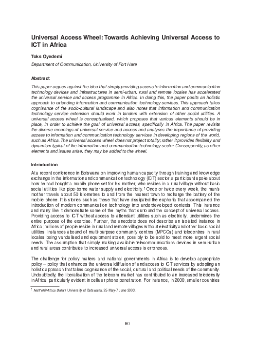 (PDF) Universal access wheel: Towards achieving access to ICT in Africa
