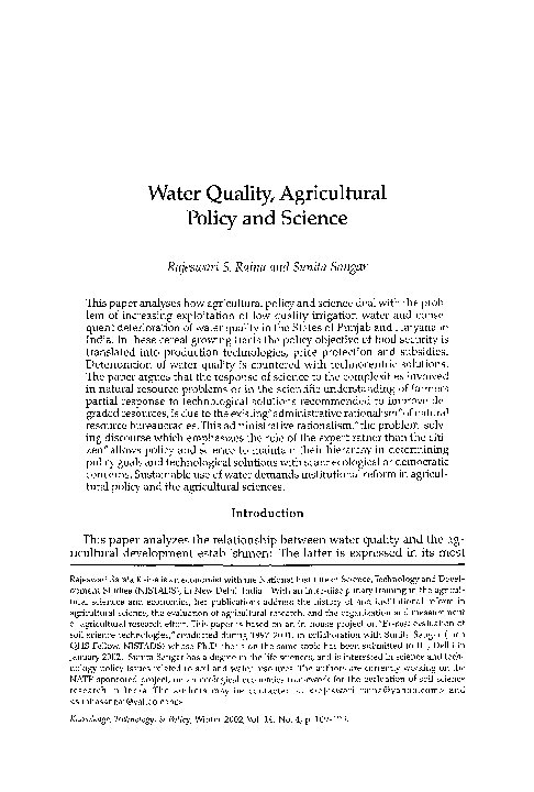 (PDF) Water quality, agricultural policy and science