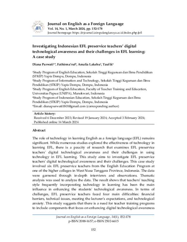 Pdf Investigating Indonesian Efl Preservice Teachers Digital