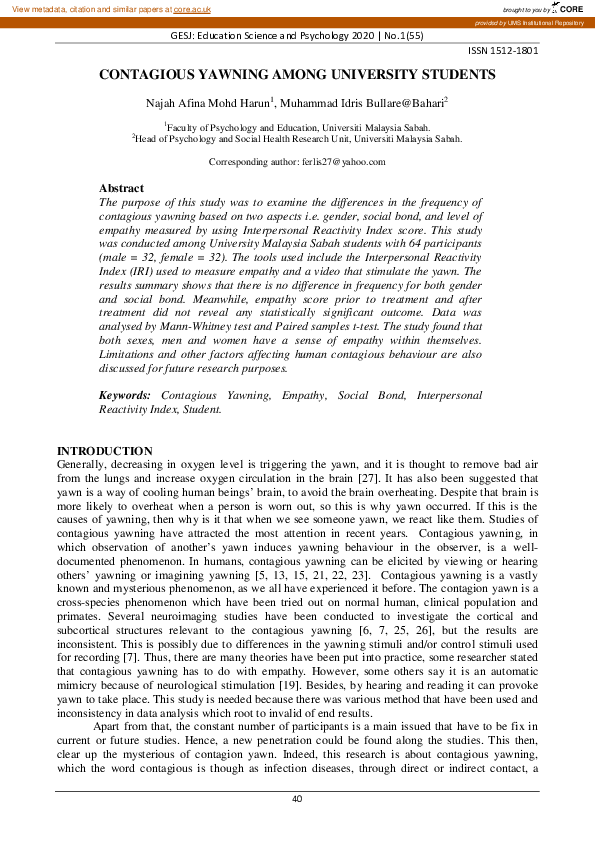 (PDF) Contagious Yawning Among University Students